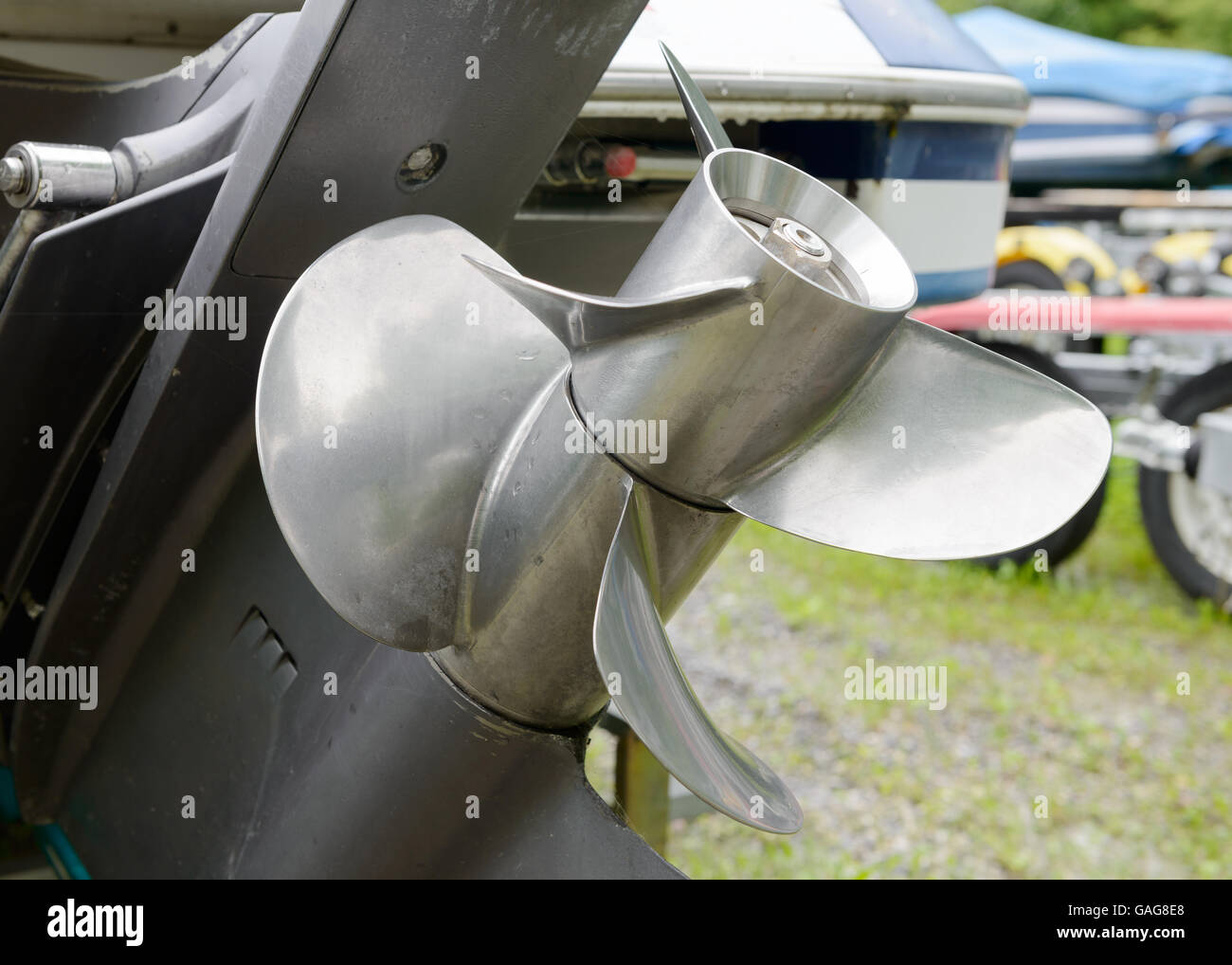 a close up of a motorboat outboard engine propeller Stock Photo - Alamy