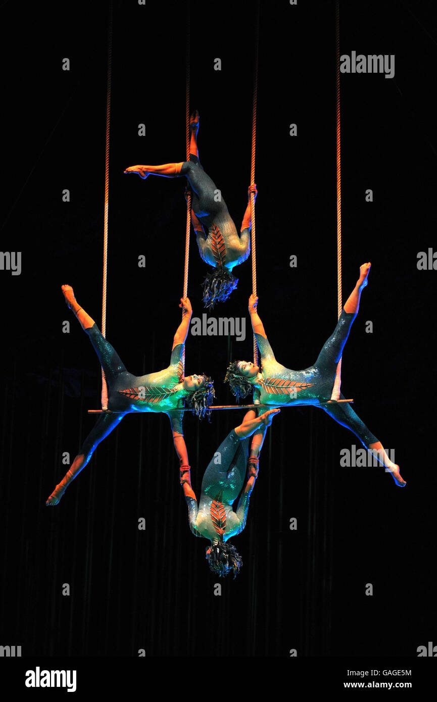 Trapeze artists perform during a full dress rehearsal of Varekai, the ...