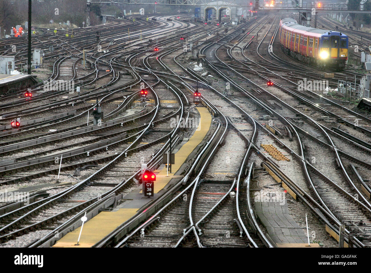 Transport - Clapham Junction - 2008. An aerial view of a train pulling ...
