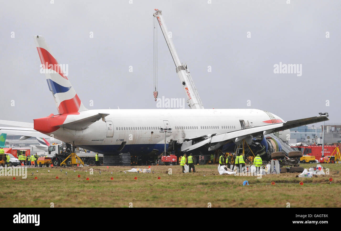 The British Airways Boeing 777 lies at the foot of the southern runway ...