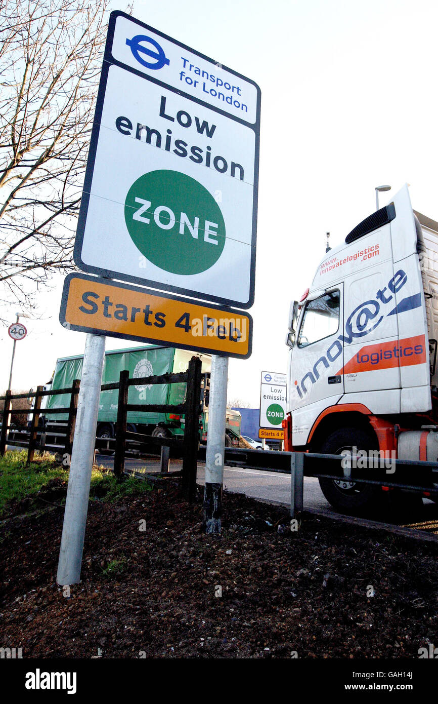 Sign displaying start new emission zone roundabout meets roadways hi ...