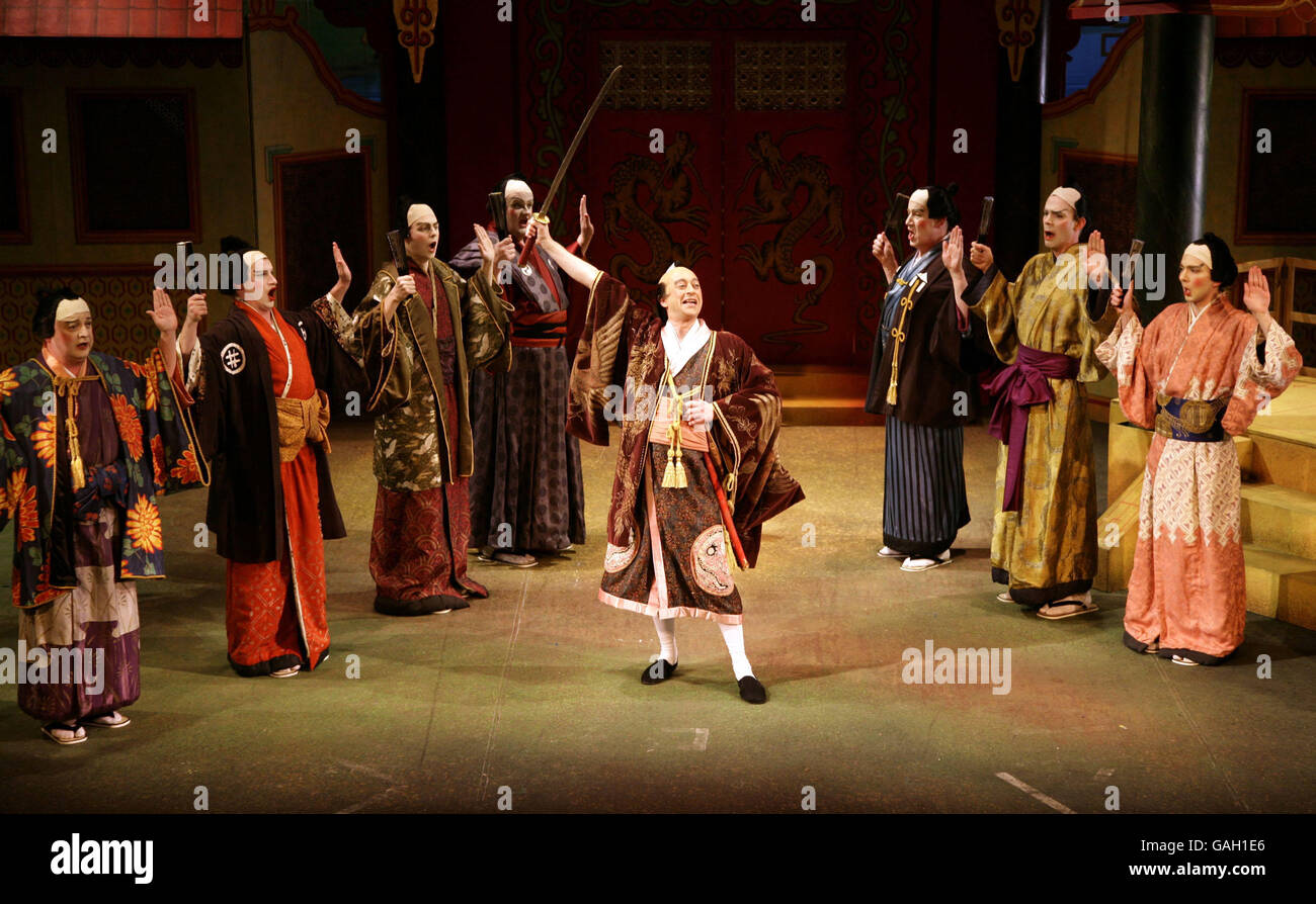 The cast on stage during a dress rehearsal for The Mikado (or The Town ...