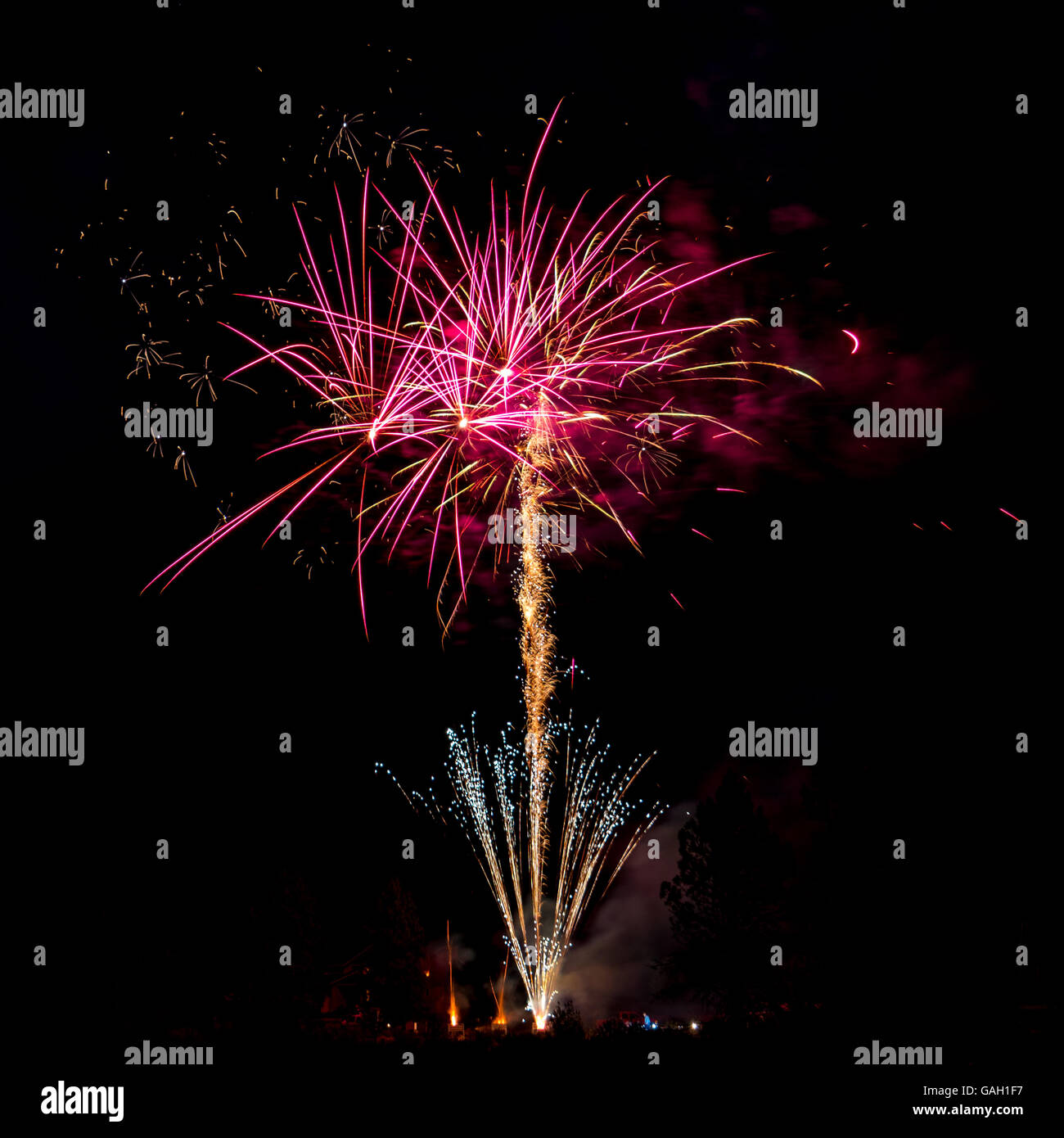 Unique fireworks with pine tree in the mountains Stock Photo - Alamy