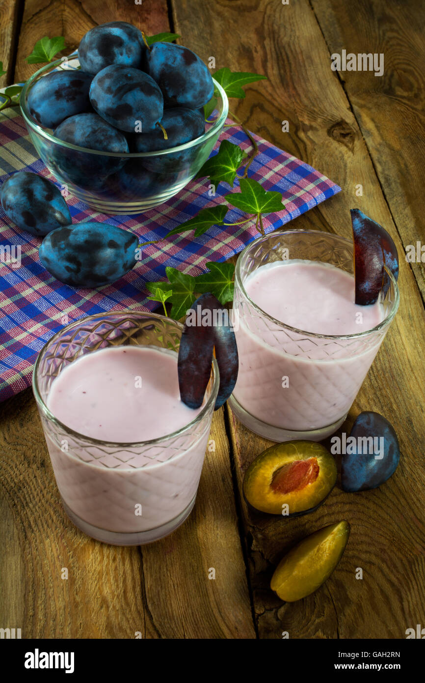Fresh fruit, plum smoothies, prune yogurt, diet healthy drink in a ...