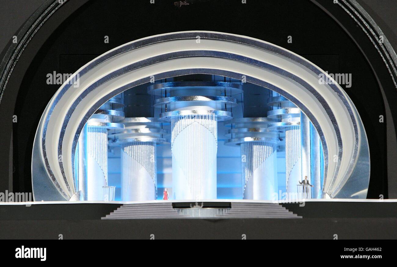 A model of the set, showing 5 pillars which lift to reaveal 5 Oscars ...