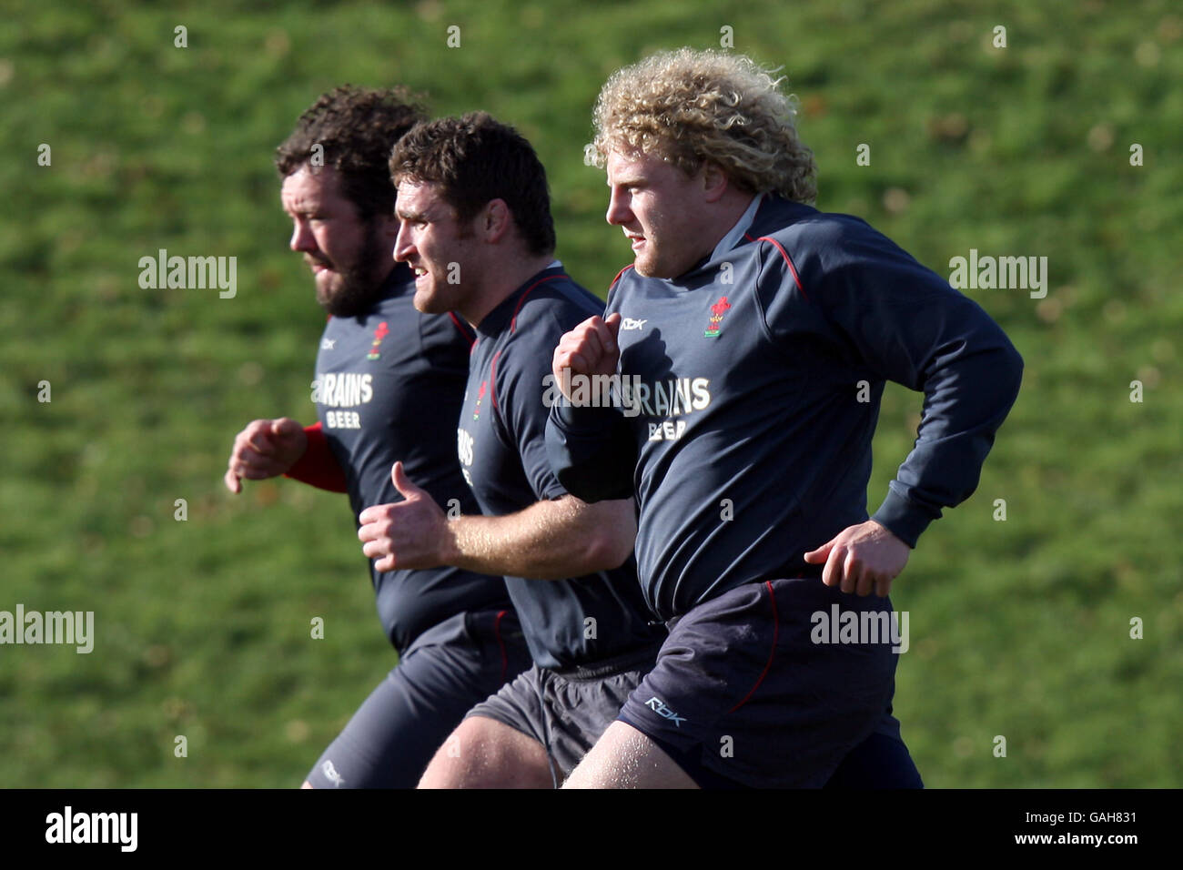 (L-R) Adam Jones, Huw Bennett and Duncan Jones during a training ...