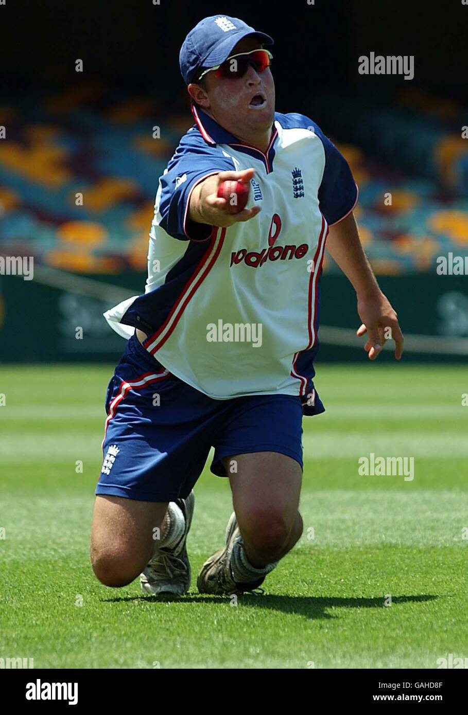 England's Robert Key practices his fielding at the GABBA Stock Photo ...