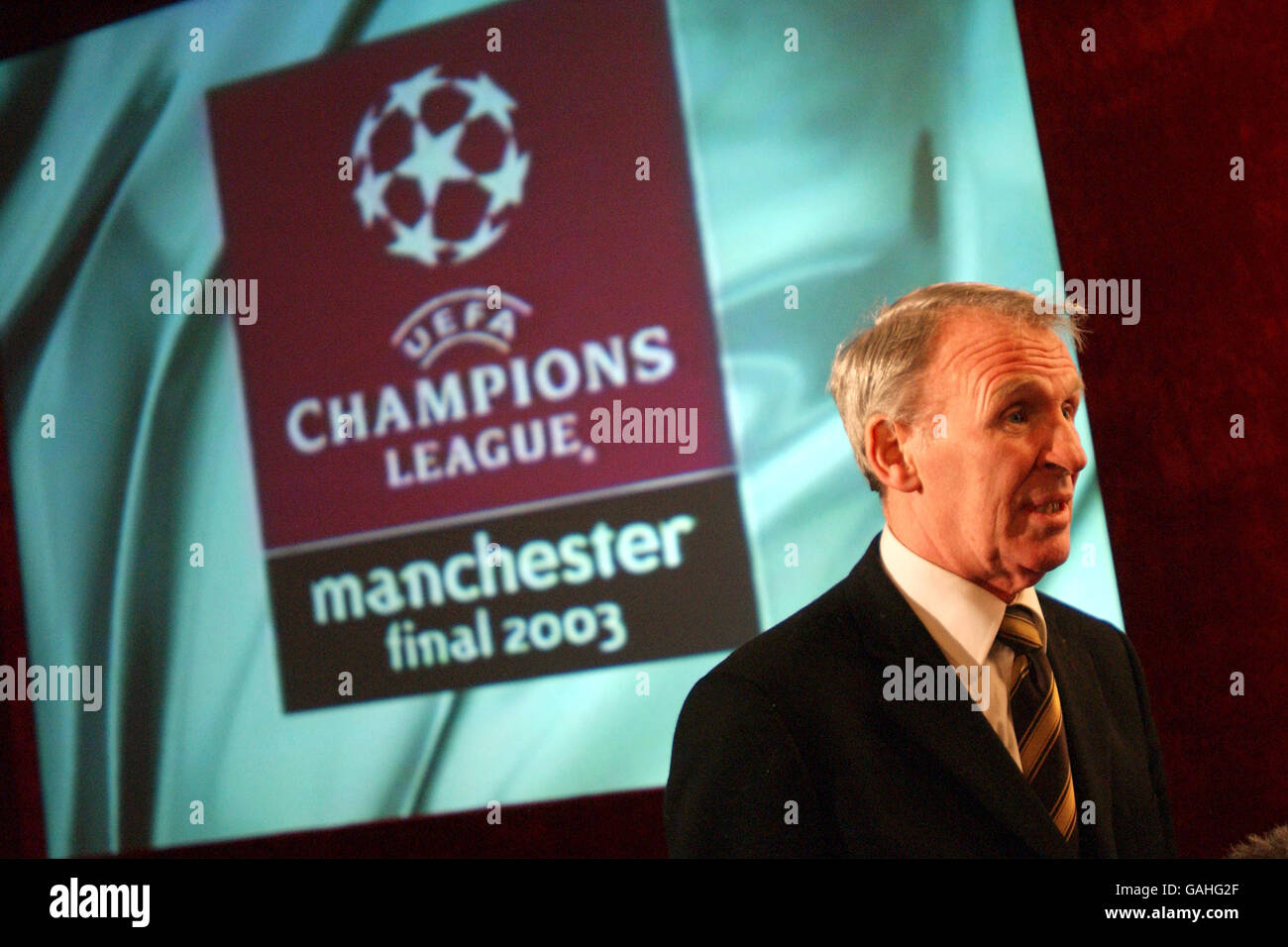 Pat Crerand who played for Manchester United at the launch of the logo ...