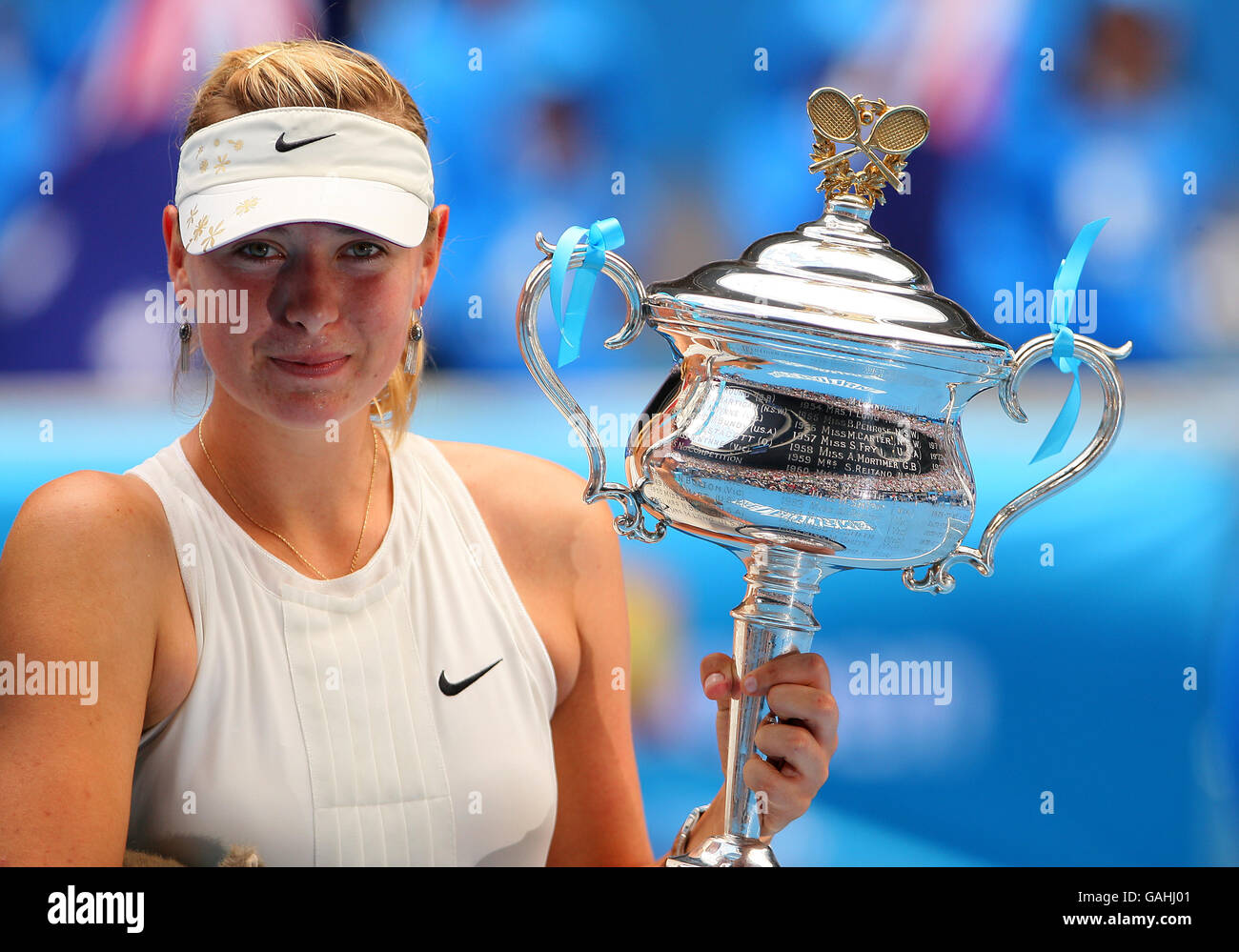 Maria Sharapova celebrates with the Australian Open Trophy during the ...