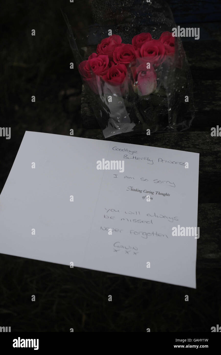 A tribute left on the common at Cefn Cribwr, to dead girl Jenna Parry ...