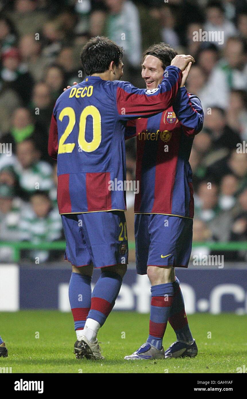 Barcelona's Deco congratulates team mate Lionel Messi on scoring the ...