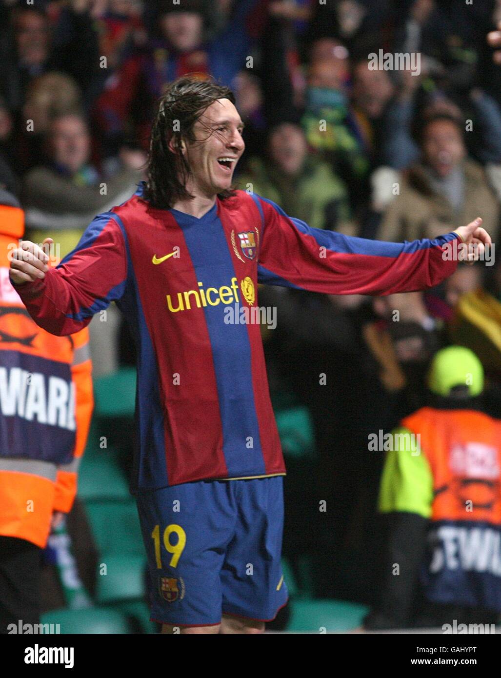 Barcelona's Lionel Messi celebrates after scoring the third goal Stock ...