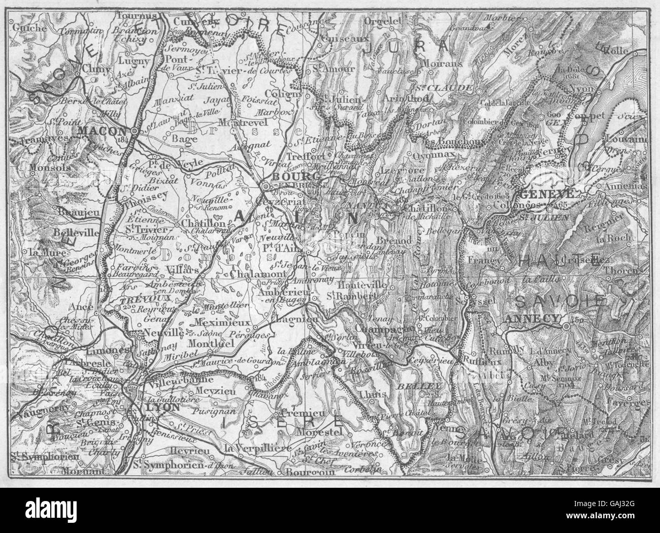 AIN: Ain, 1878 antique map Stock Photo - Alamy