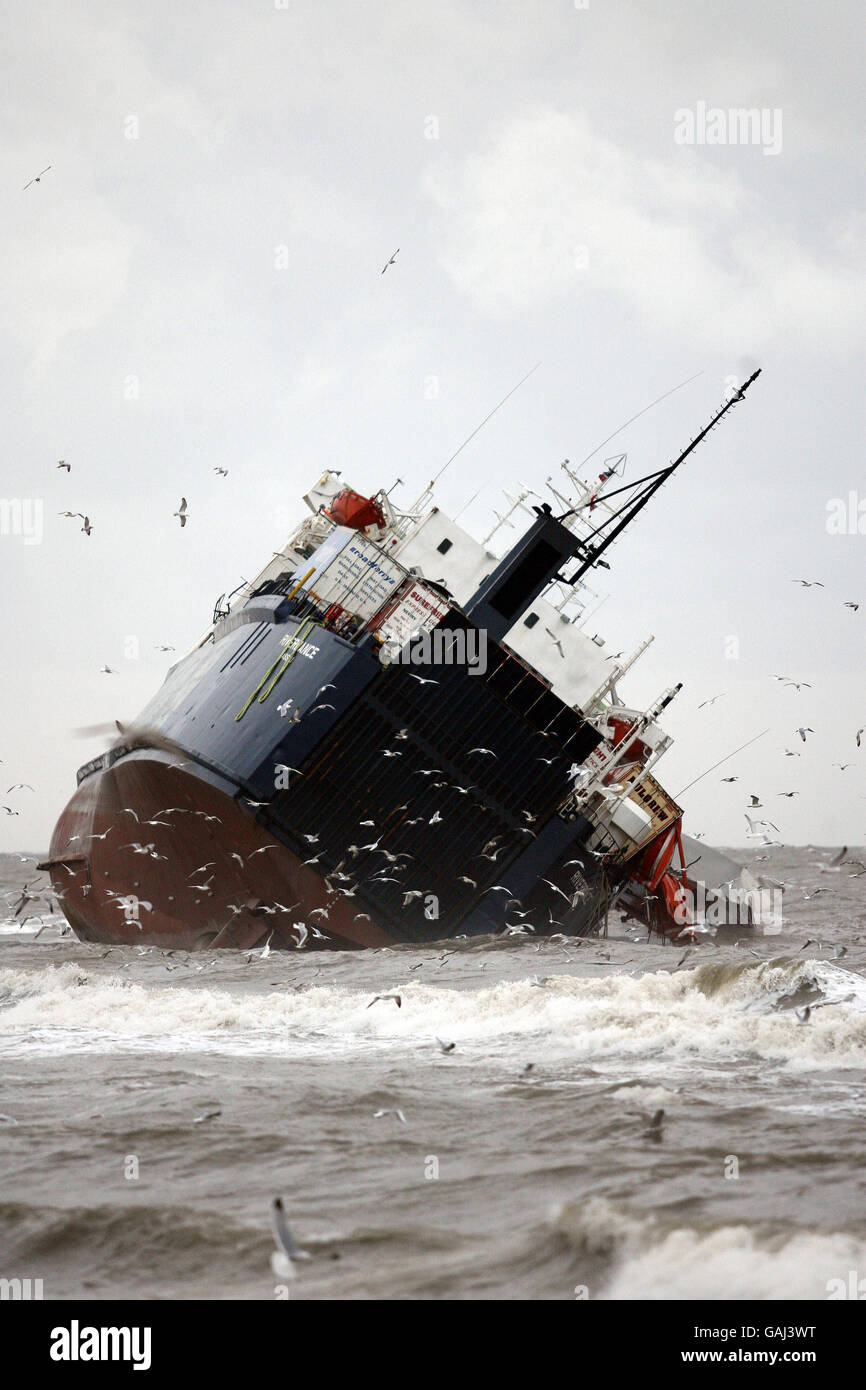 View of the cargo ship Riverdance which has run aground at Blackpool ...