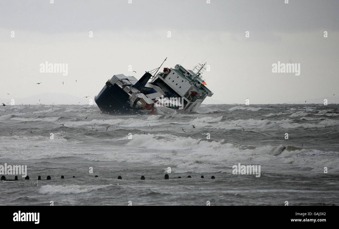 View of the cargo ship Riverdance which has run aground at Blackpool ...