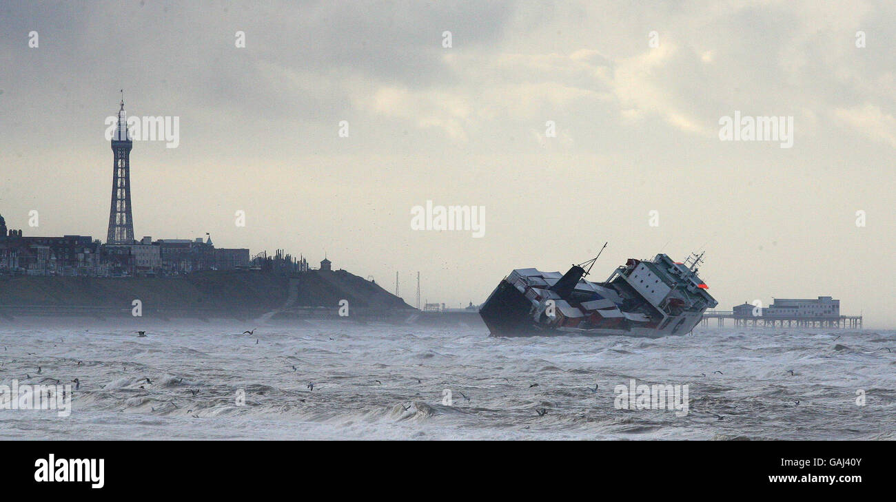 View of the cargo ship Riverdance which has run aground at Blackpool ...