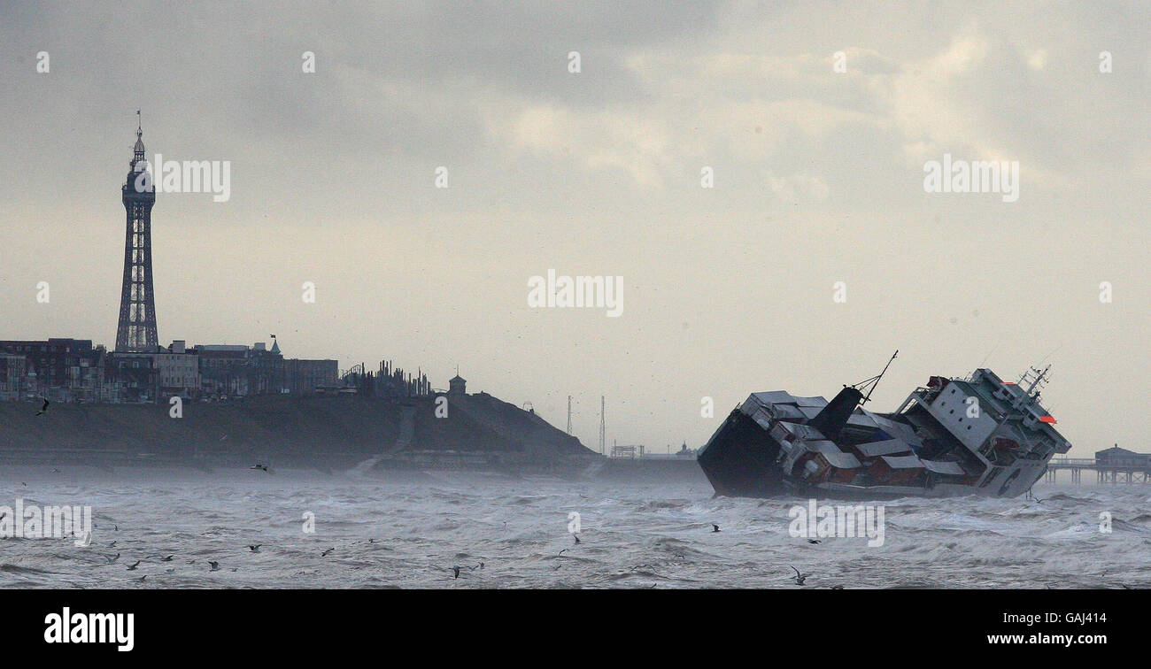 View of the cargo ship Riverdance which has run aground at Blackpool ...