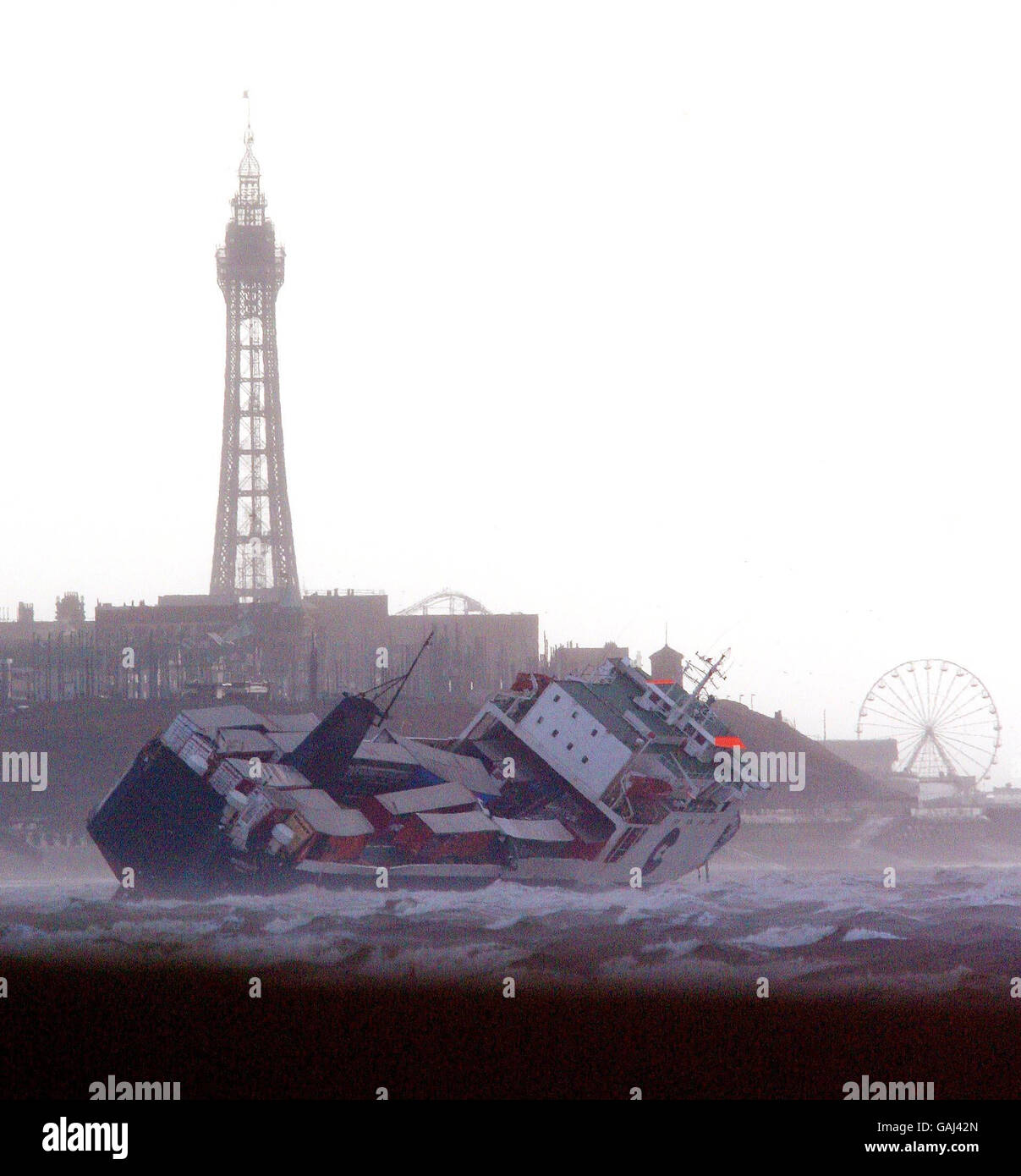 View of the cargo ship Riverdance which has run aground at Blackpool ...