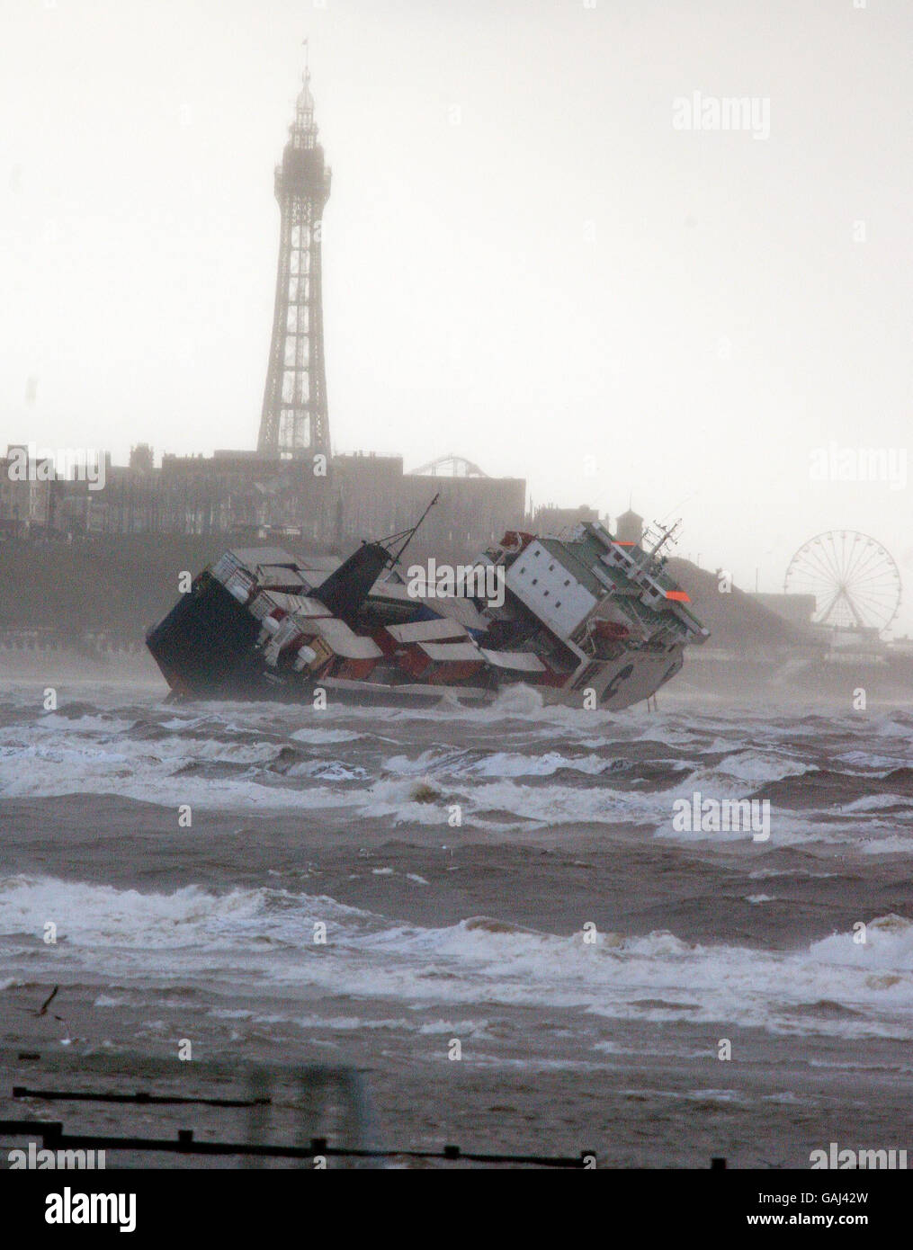 View of the cargo ship Riverdance which has run aground at Blackpool ...