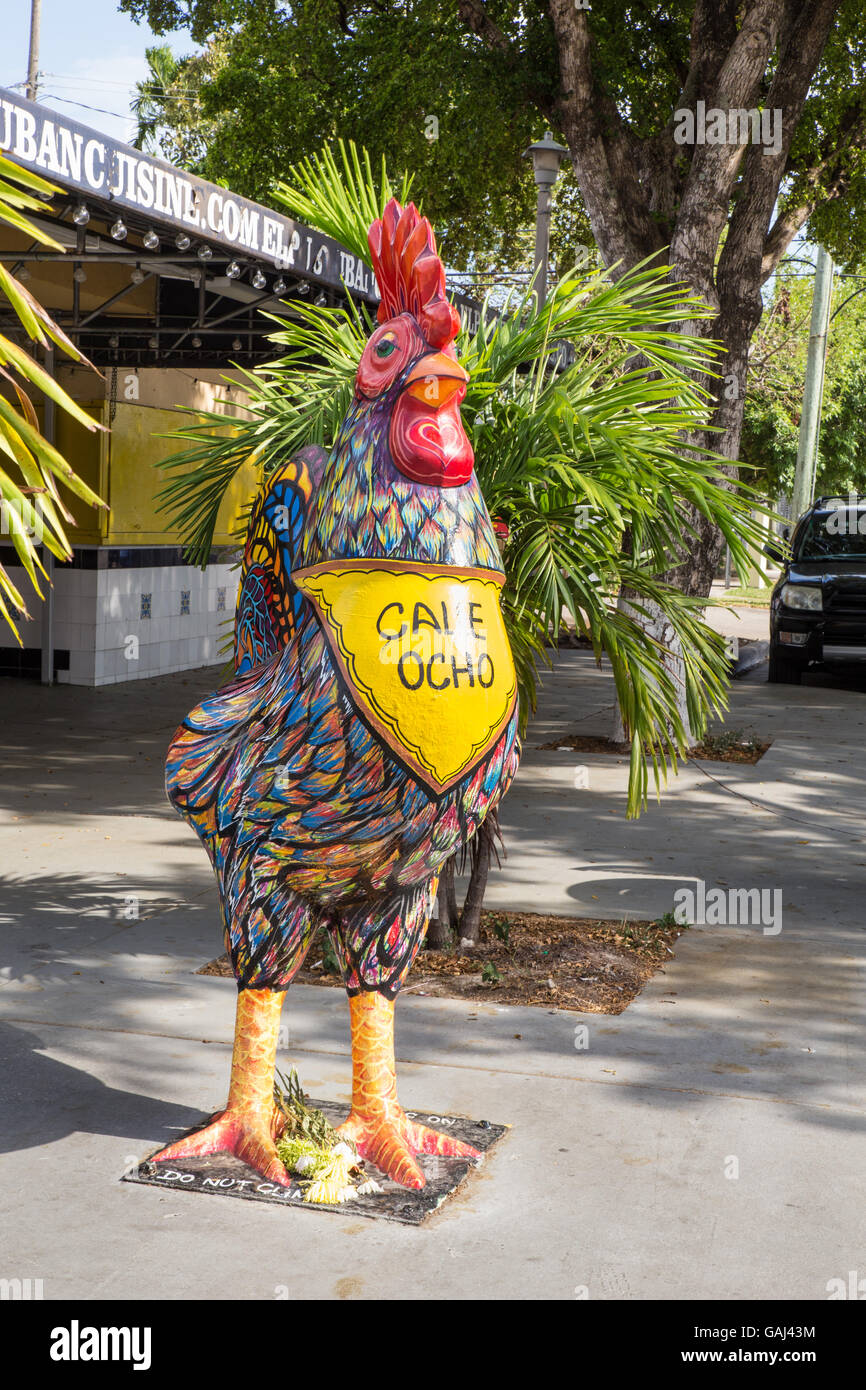 MIAMI, FLORIDA - APRIL 25, 2016: Colorful rooster statue along Calle ...