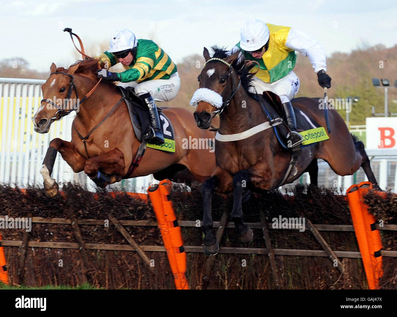 Afsoun (right) ridden by Mick Fitzgerald clears the final hurdle from ...