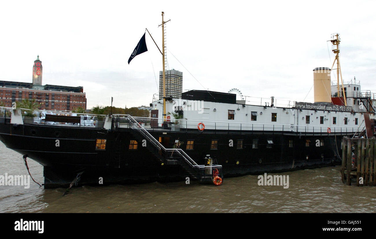 The HMS President, one of a number of floating restaurant bars moored ...