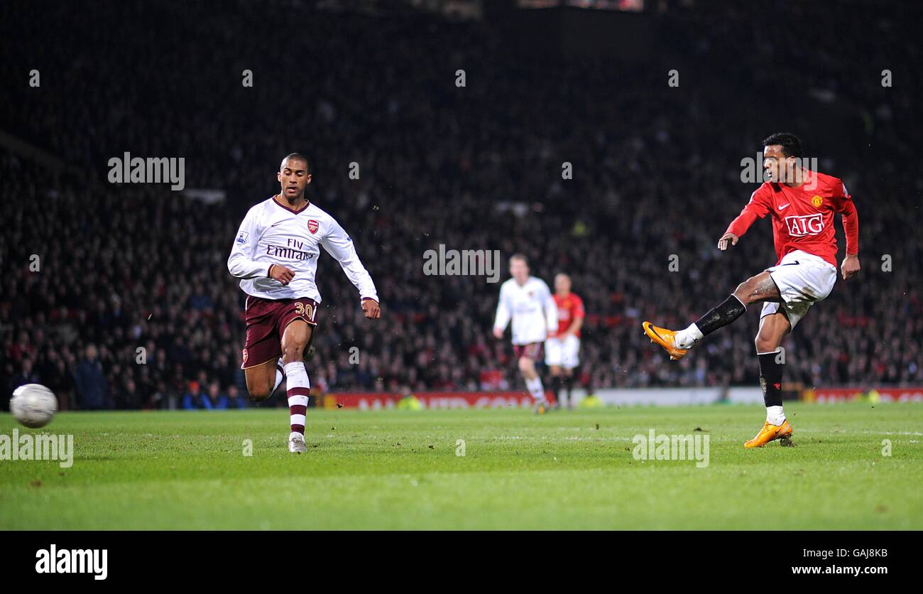 Manchester United's Luis Nani scores his sides third goal of the game ...