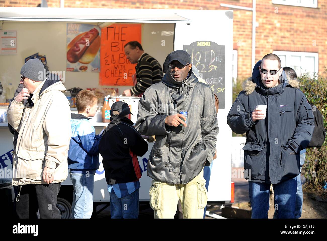 General view of fans with refreshments outside the Valley stadium Stock ...