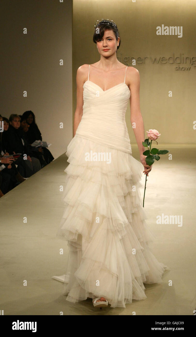 A model wearing a Vera Wang wedding dress on the runway at the Designer ...