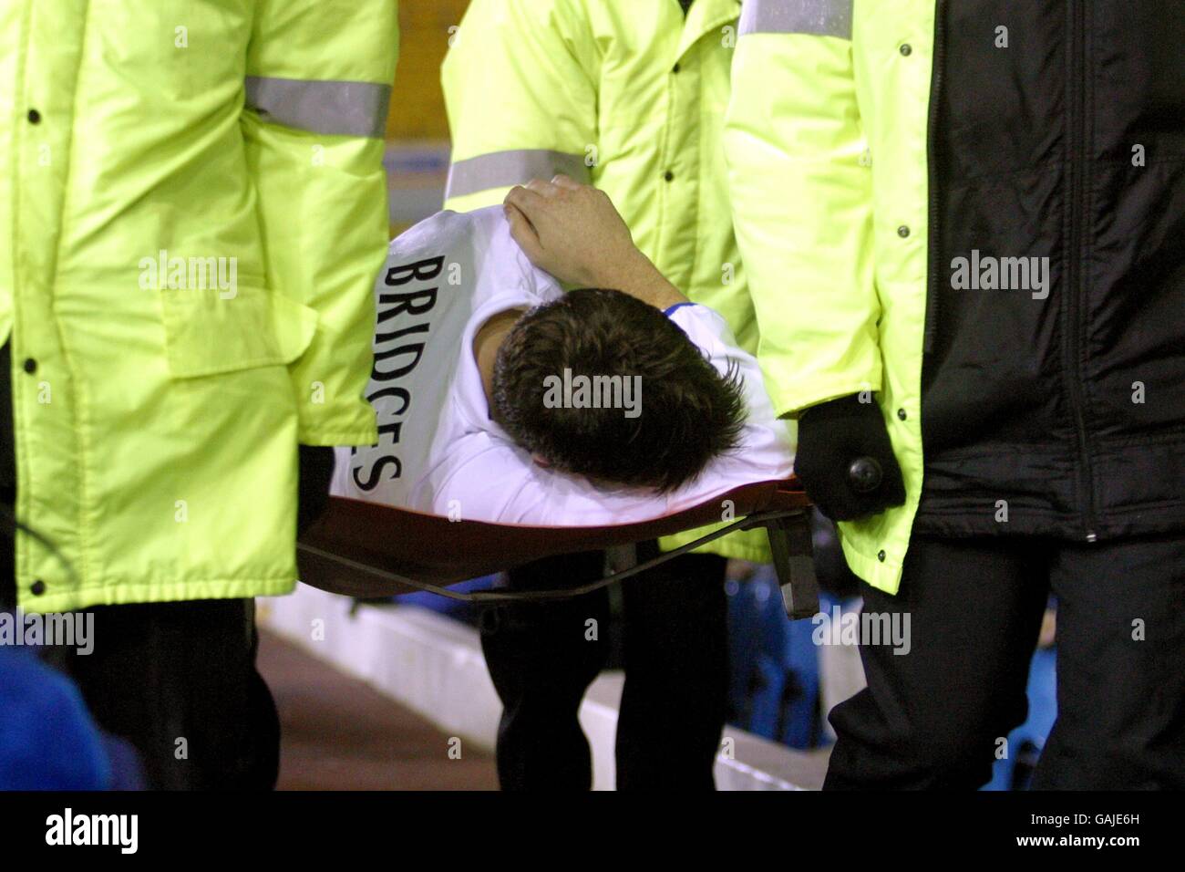 Leeds uniteds michael bridges is stretchered off hi-res stock ...