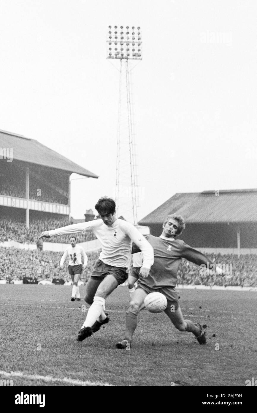 L r tottenham hotspurs peter collins tackles liverpools alun evans hi ...