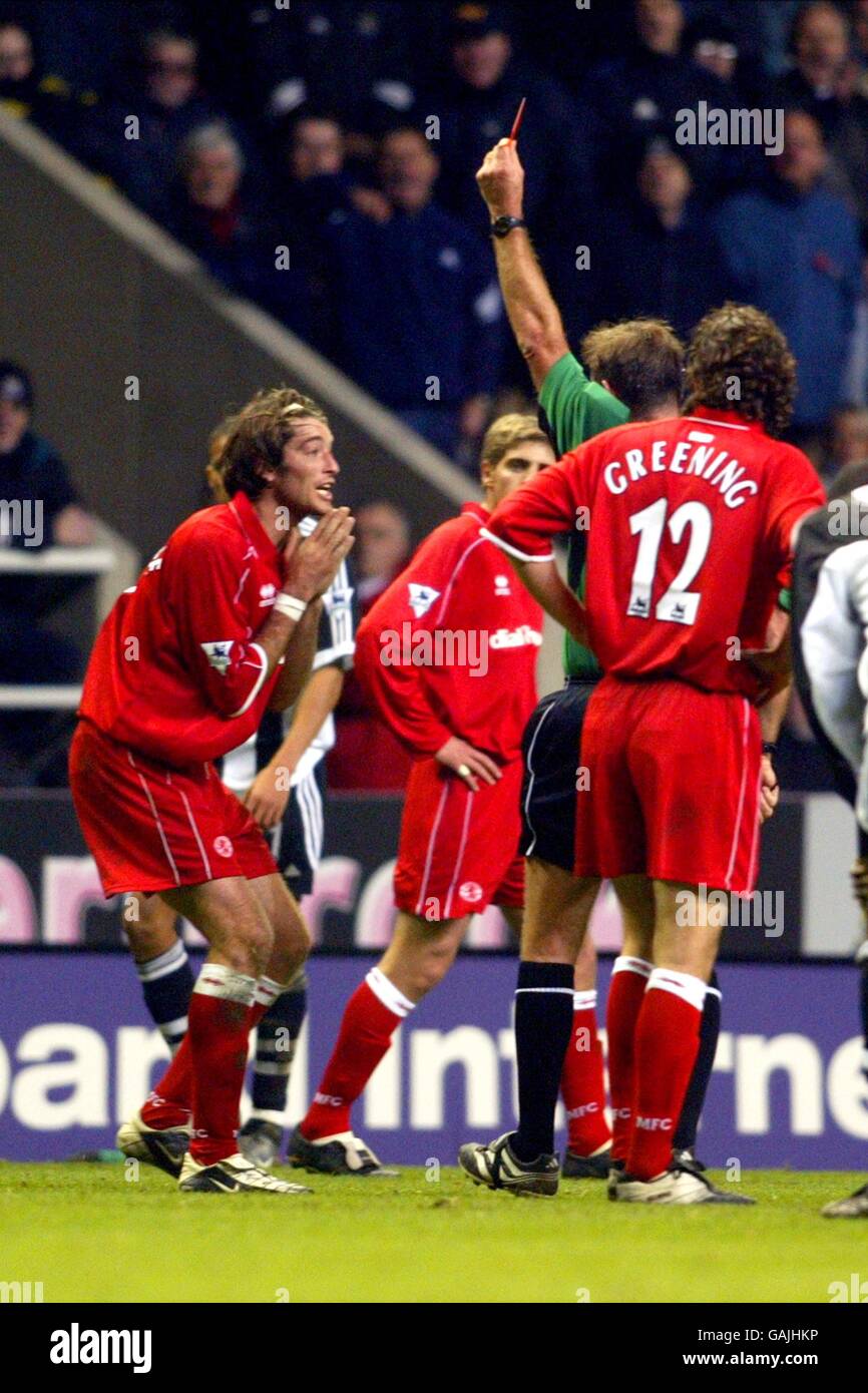 Referee Graham Barber sends off Middlesbrough's Franck Queudrue (left ...