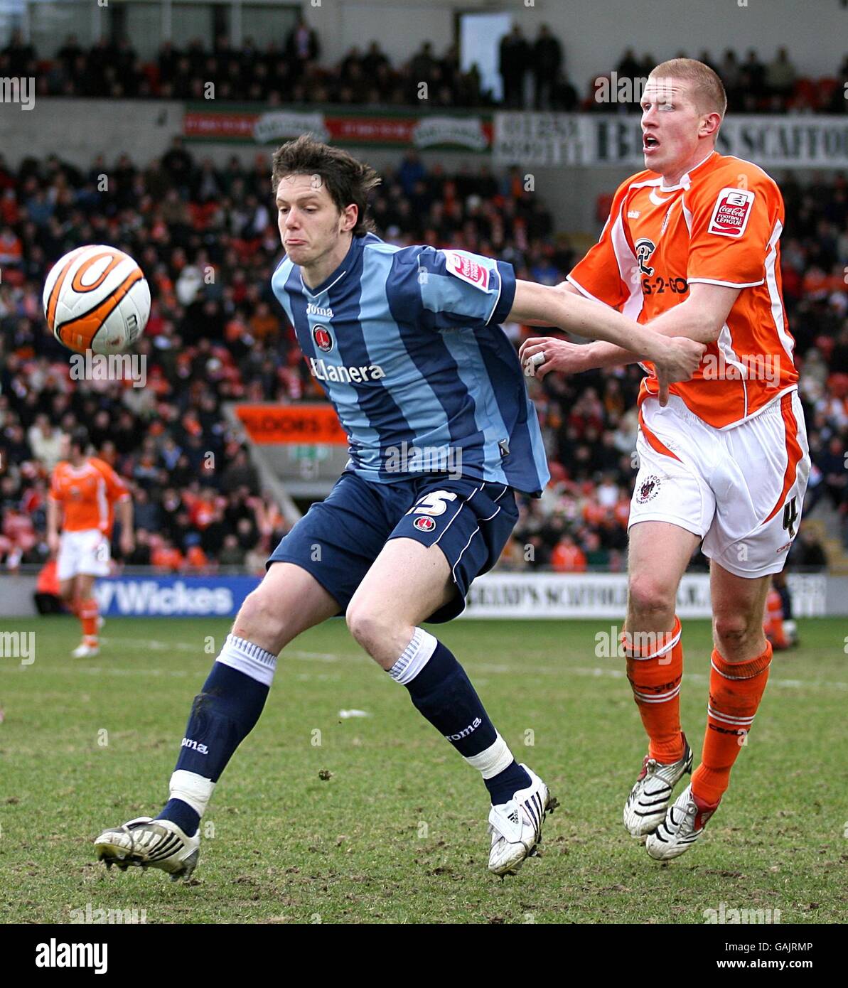 Blackpool's Keith Southern (r) and Charlton Athletic's Greg Halford ...