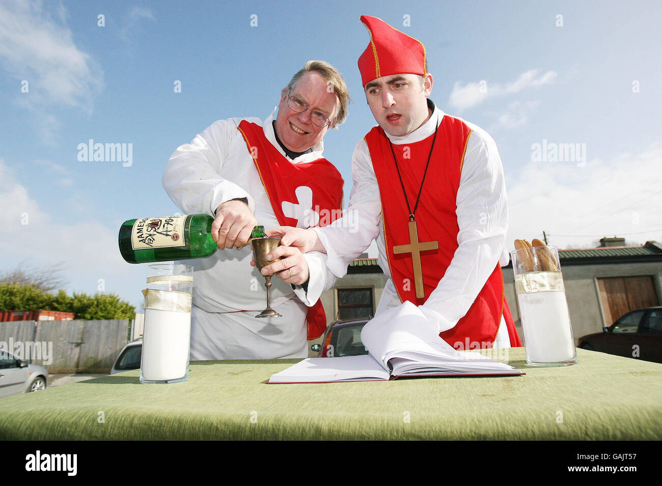 Two fans recreate a scene from the father ted episode hi-res stock ...