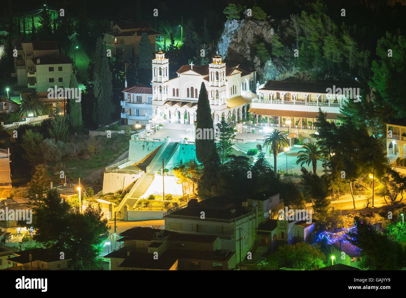 Night view landscape of the local church of Nafplio city in Greece ...