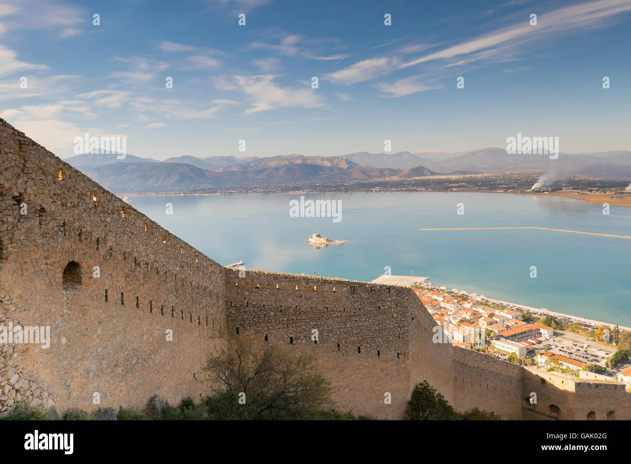 Bourtzi castle landscape at Nafplio in Greece. View from Palamidi ...