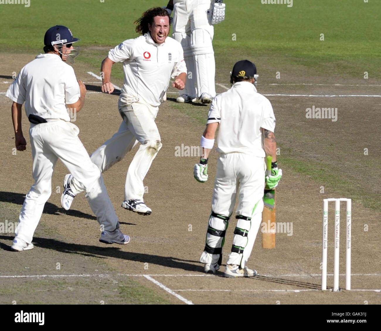 England's Ryan Sidebottom celebrates the wicket of New Zealand's ...