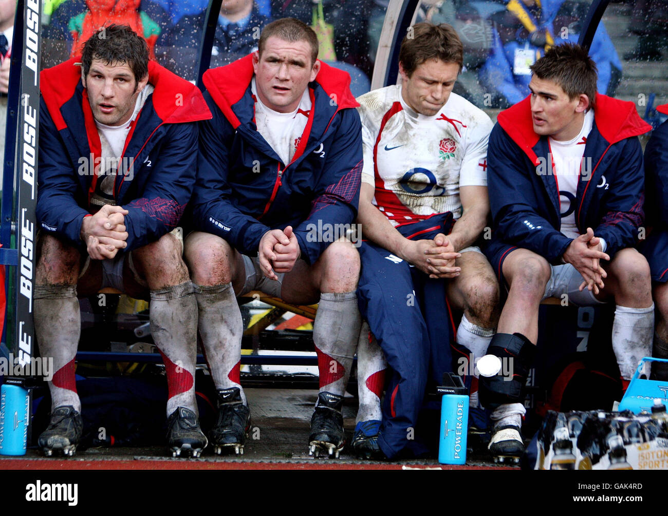 England bench (left to right) Simon Shaw, Phil Vickery, Jonny Wilkinson ...