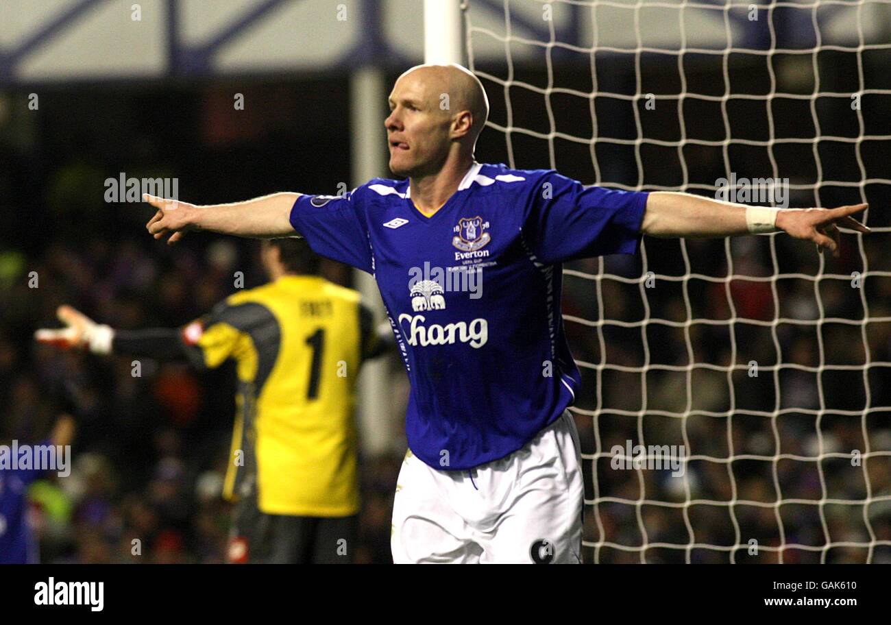 Everton's Andrew Johnson celebrates after scoring the opening goal of ...