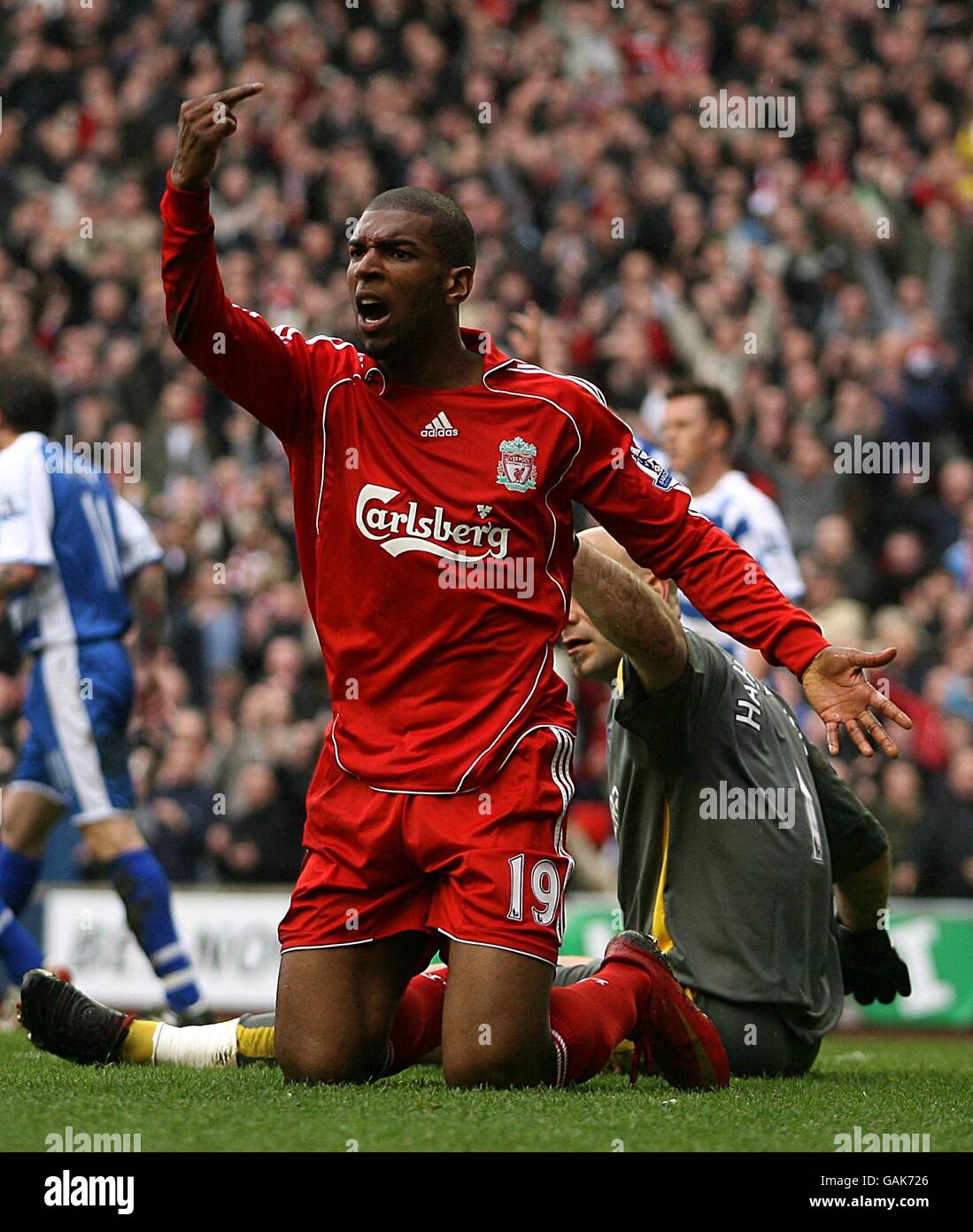 Liverpool's Ryan Babel gestures after his effort is ruled out for ...