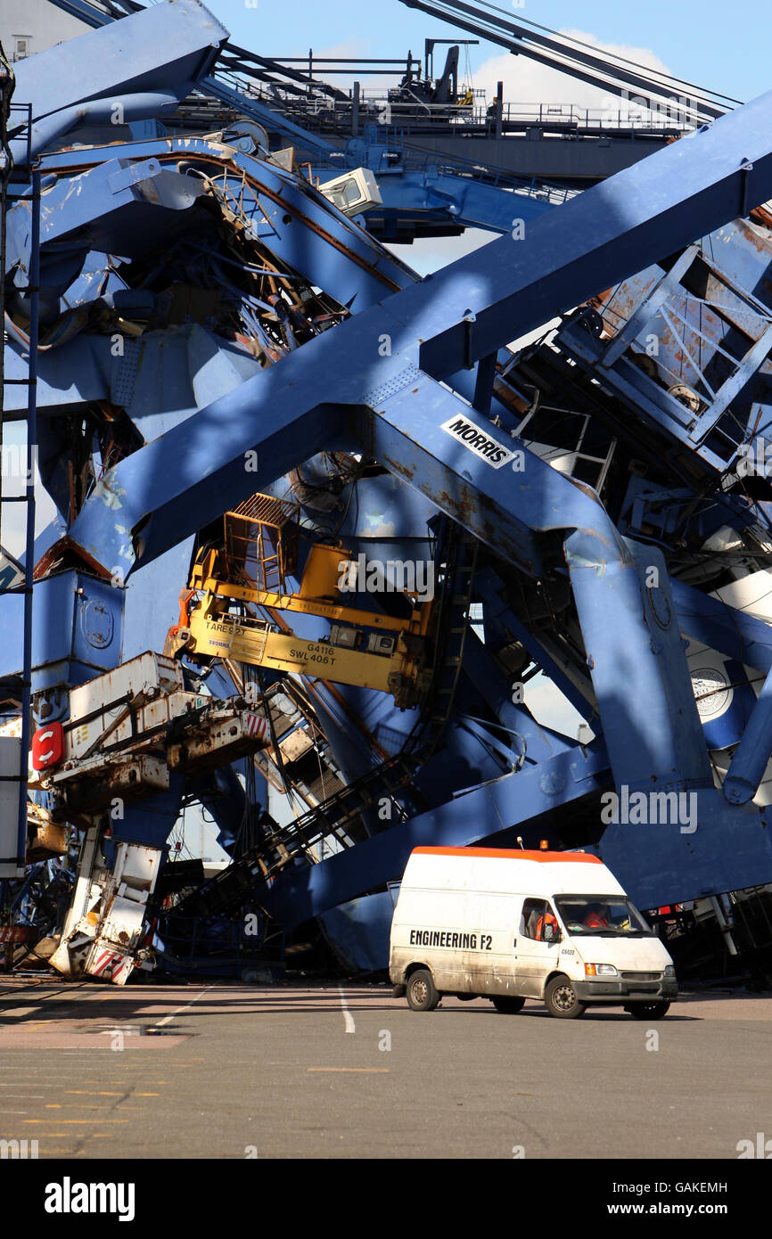 The remains of two Shoreside Cranes lie on the quay side at Felixstowe ...