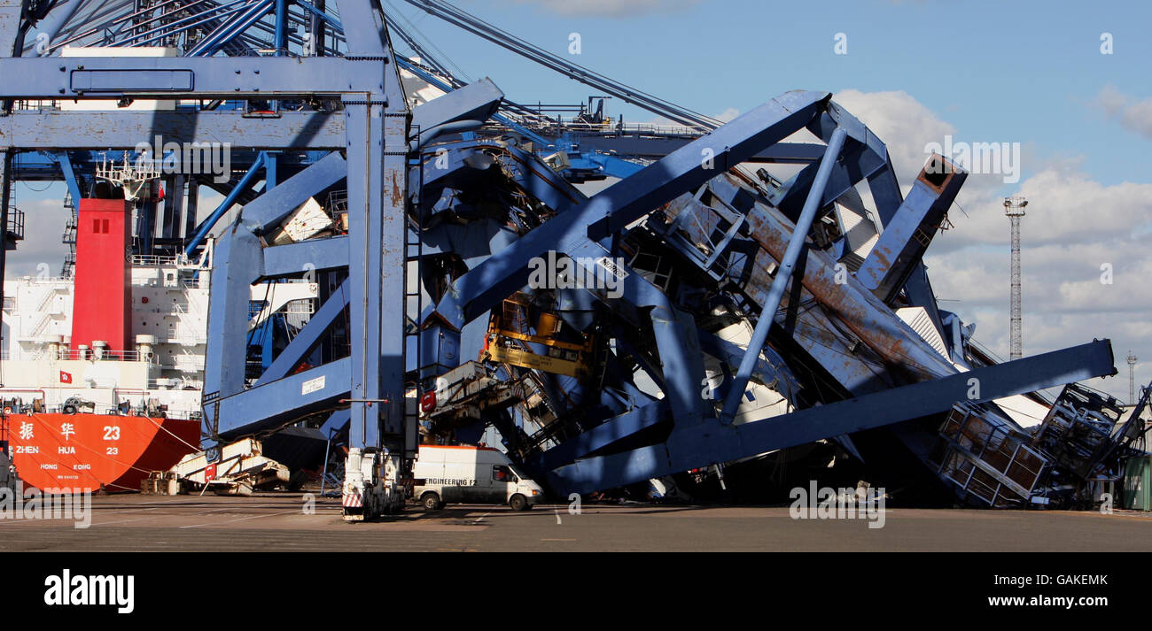 The remains of two Shoreside Cranes lie on the quay side at Felixstowe ...