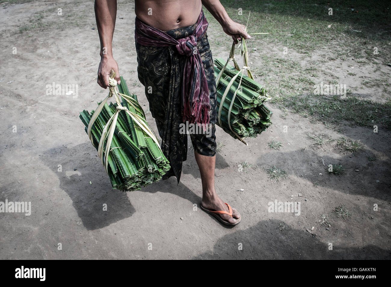 Tengananese man carries pandanus leaves during the war ritual called ...