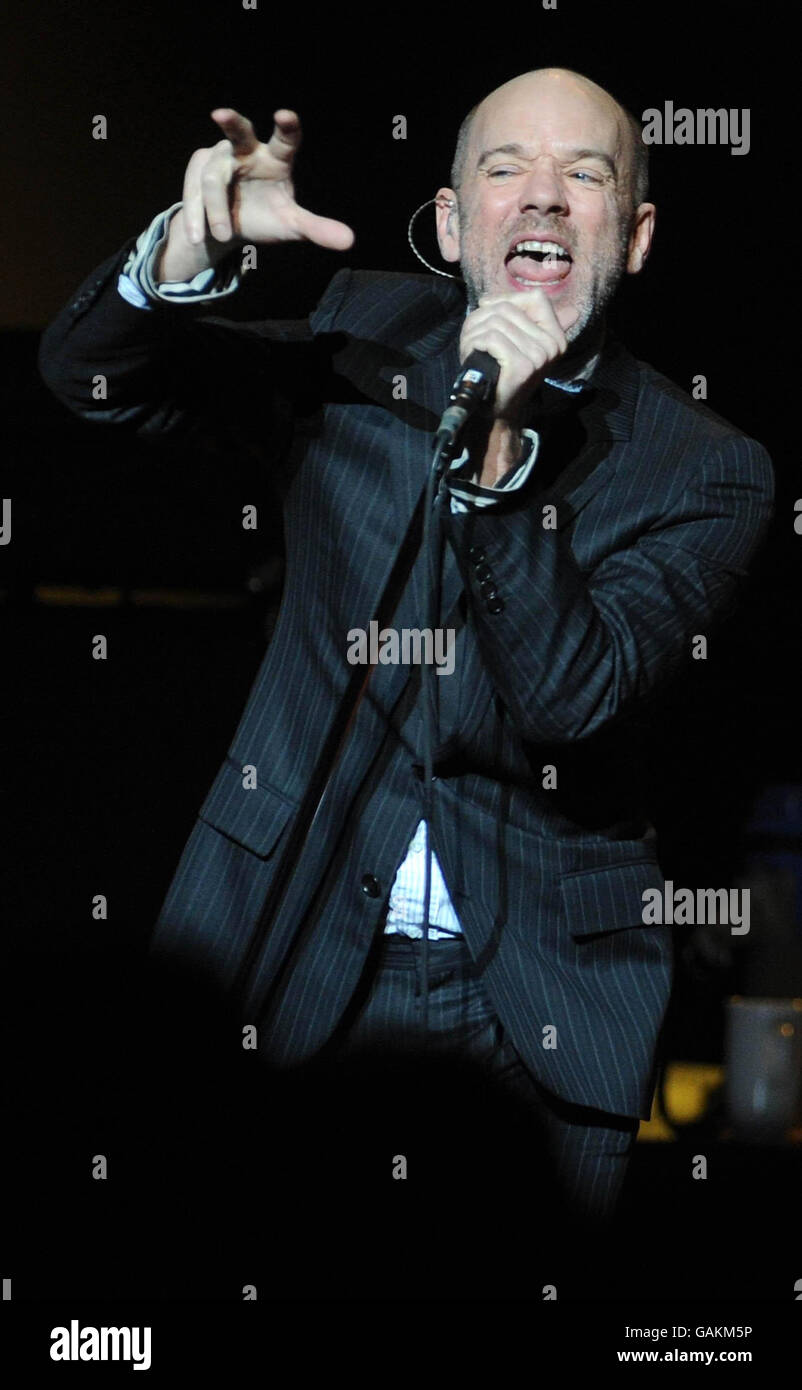 REM in concert - London. Michael Stipe on stage as REM perform in ...