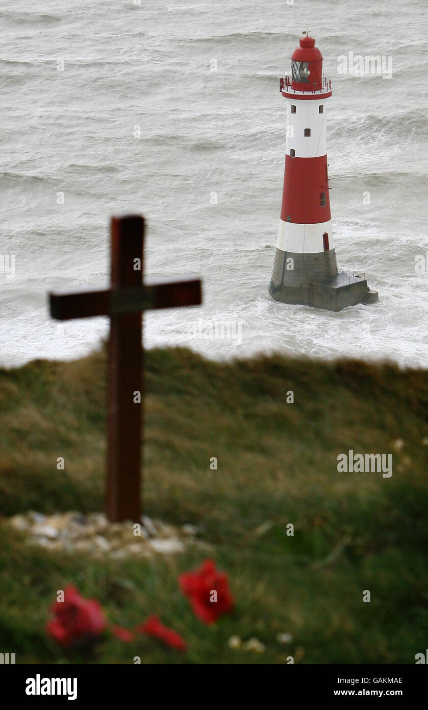 Beachy Head stock. A memorial near Beachy Head lighthouse near ...