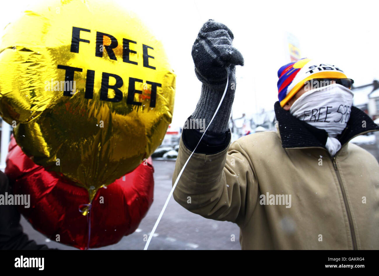 A demonstrator during the London Leg of the Beijing 2008 Olympic Torch ...