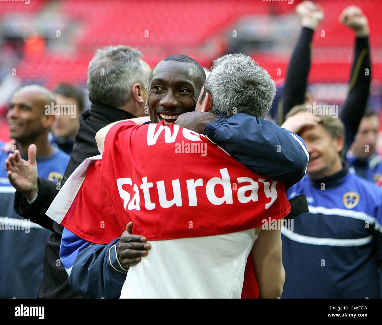 Cardiff City's Jimmy Floyd Hasselbaink and Kevin McNaughton celebrate ...
