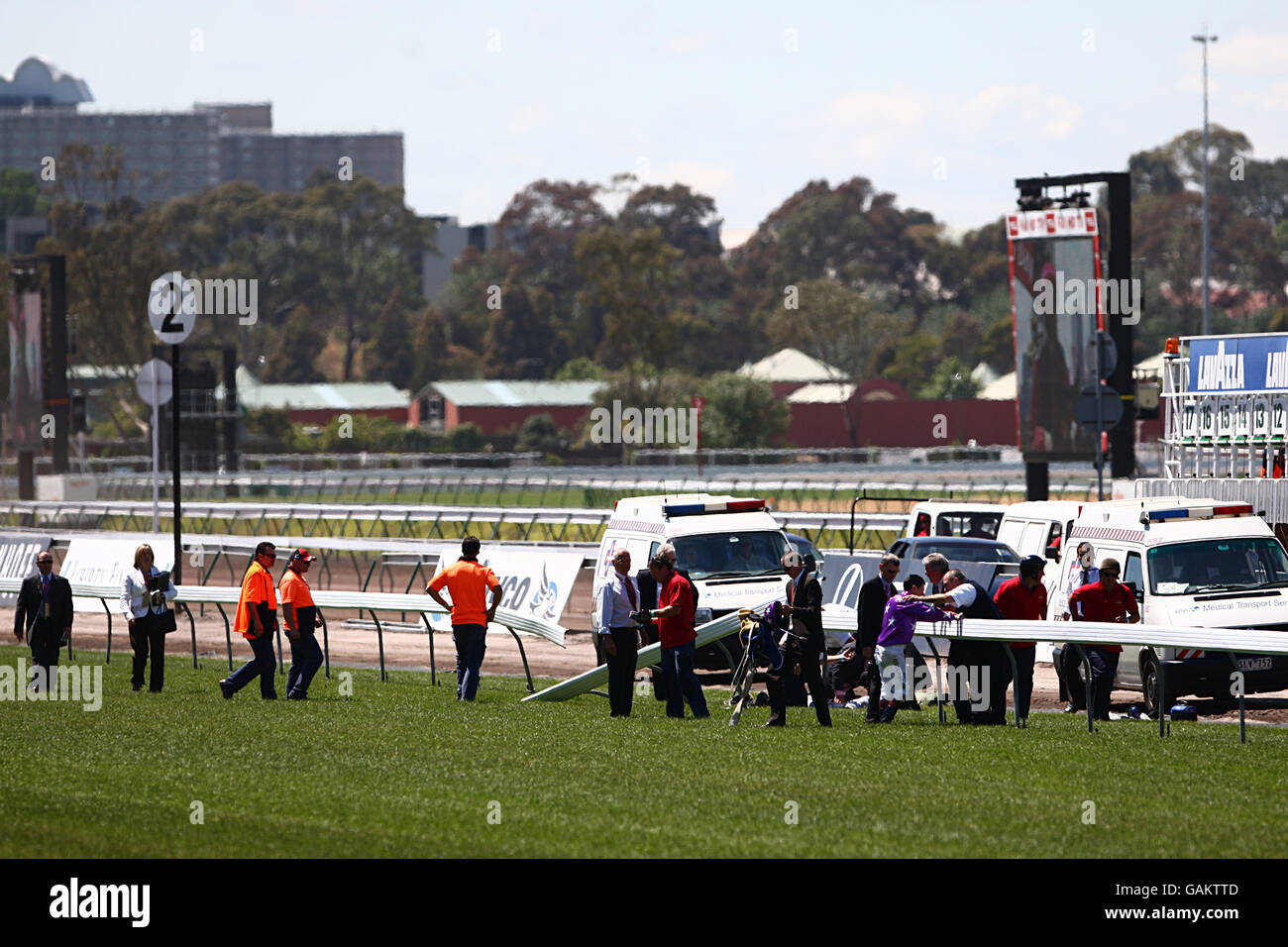 Officials attends to Bay Story and jockey Mark Zahra after they crashed ...