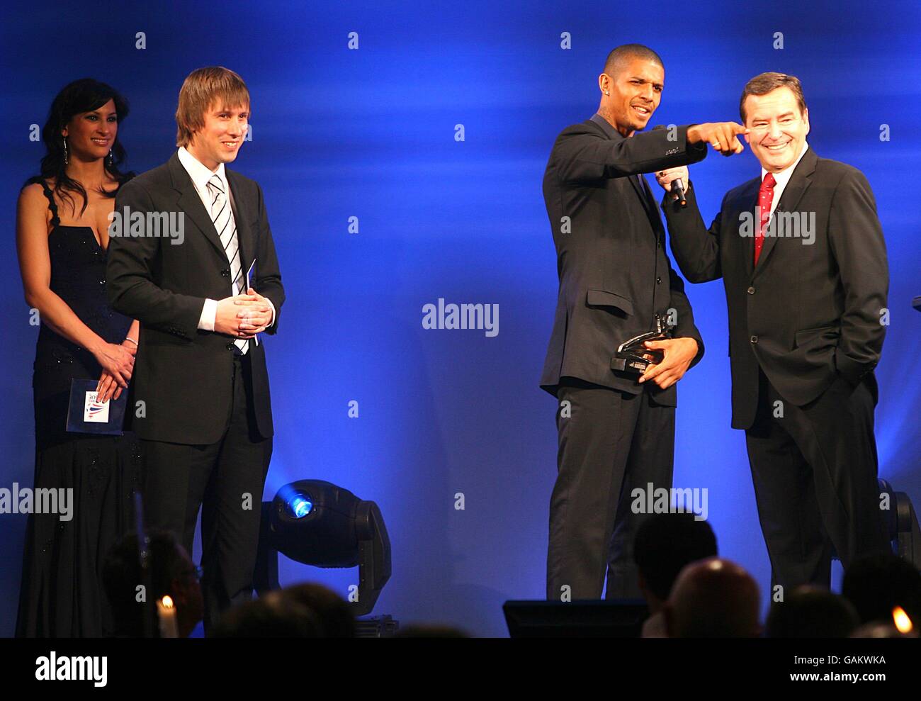 Leeds United's Jermaine Beckford (centre, right) receives the award for ...