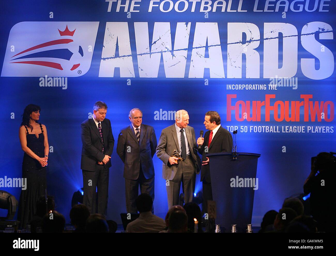 Jimmy Armfield (2nd right) talks with Jeff Stelling after receiving the ...